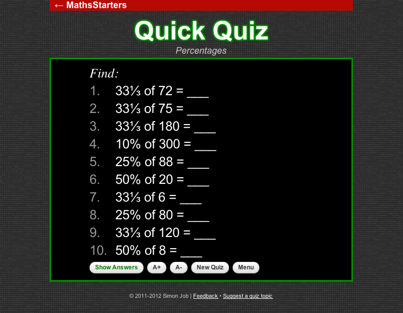 Quick Quiz - MathsStarters - MathsClass